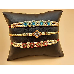 Palak Global Rakhi Bracelet, Wrist Band. Fancy unique beautiful stones blue white, red stones, gift celebration (Fancy Rakhi Set of 3 - Design 1, Small) (PLK32)