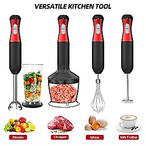 Immersion Hand Blender 5 in 1,Powerful 20 Speed Handheld Stick Blender with 800ml Beaker,500ml Food Chopper,Stainless Steel Whisk and Ice Crush Blade,BPA-Free for Smoothie, Baby Food, Sauces Red,Puree, Soup