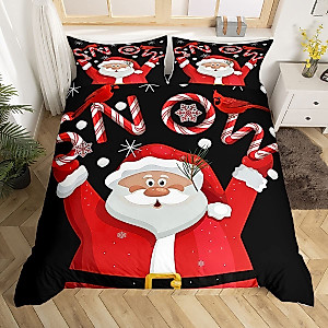Cartoon Christmas Bedding Set Queen Size,Red Cute Santa Claus Duvet Cover Set for Children Present, Sweet Candies Black Comforter Cover with 2 Pillowcases Polyester Bedspread