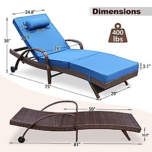 NOBLEMOOD Outdoor Lounge Chairs Set of 2 Beach Wikcer Chaise Lounge with Wheels, Cushion, Adjustable Backrest for Outside Pool Sun Shelf Tanning Bathing (Blue)