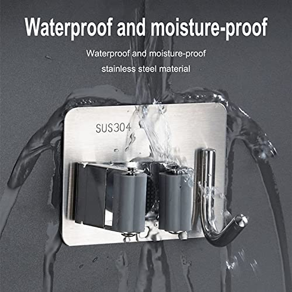 Adhiper Stainless steel heavy-duty wall-mounted broom and mop rack with hooks, mop rack and broom rack storage rack, suitable for bathroom, kitchen, room, hotel (4 pcs/silver)