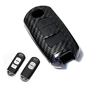 iJDMTOY (1) Carbon Fiber Pattern Smart Key Fob Shell w/ Black Silicone Key Button Skin Compatible With Mazda 2 3 5 6 CX-3 CX-5 CX-7 CX-9 MX-5 (Fit 2 or 3 Button Keys)