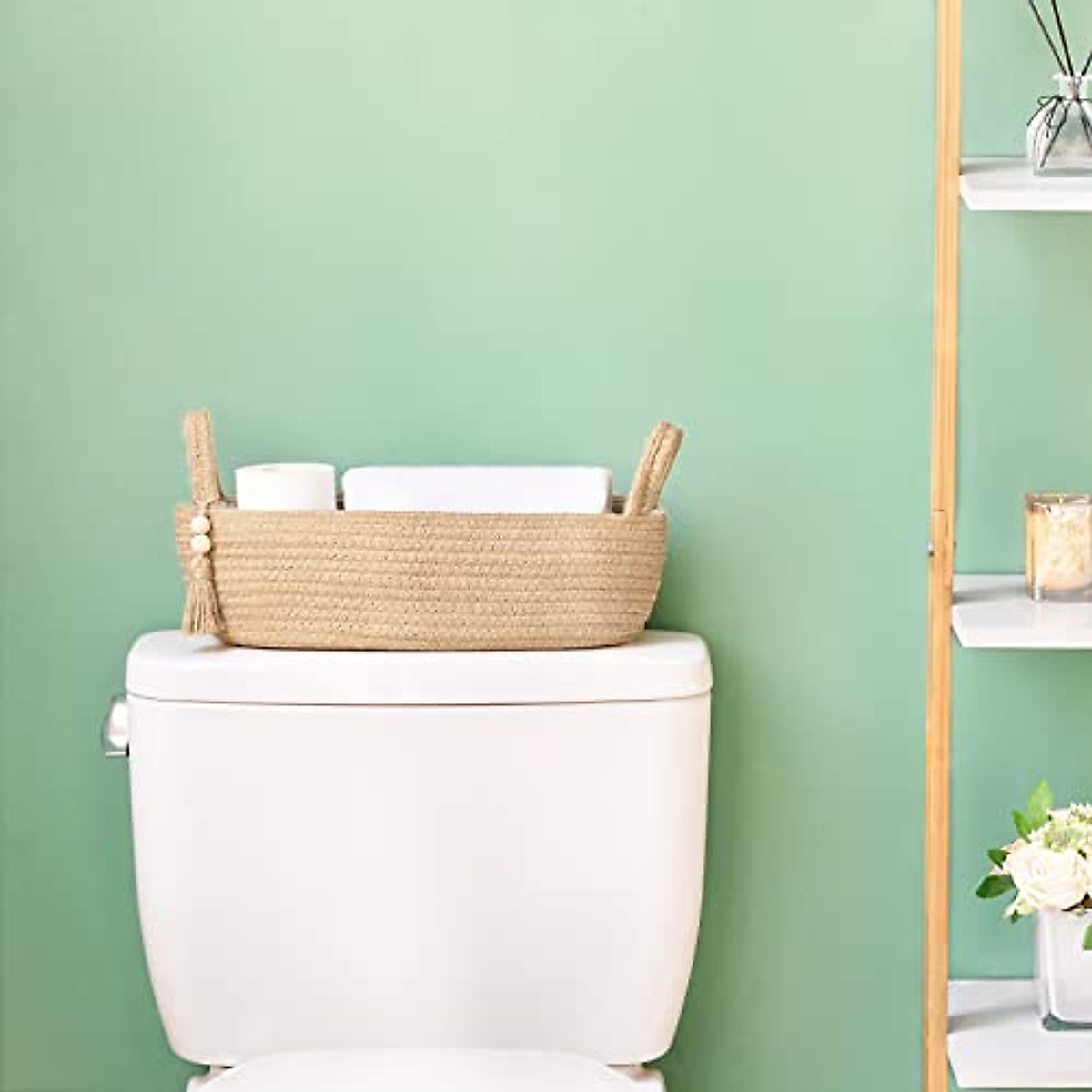 Mkono Small Storage Basket for Toilet Tank Top Boho Bathroom Decor Jute Rope Toilet Paper Tray Back of Toilet Organizer for Shelf Bedroom Living Room, Jute, 1 Pack, 13" L x 6" W