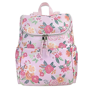 Multi-Function Floral Diaper Backpack and Travel Nappy Baby Bag with Changing Pad and Stroller Straps (Pink Floral)