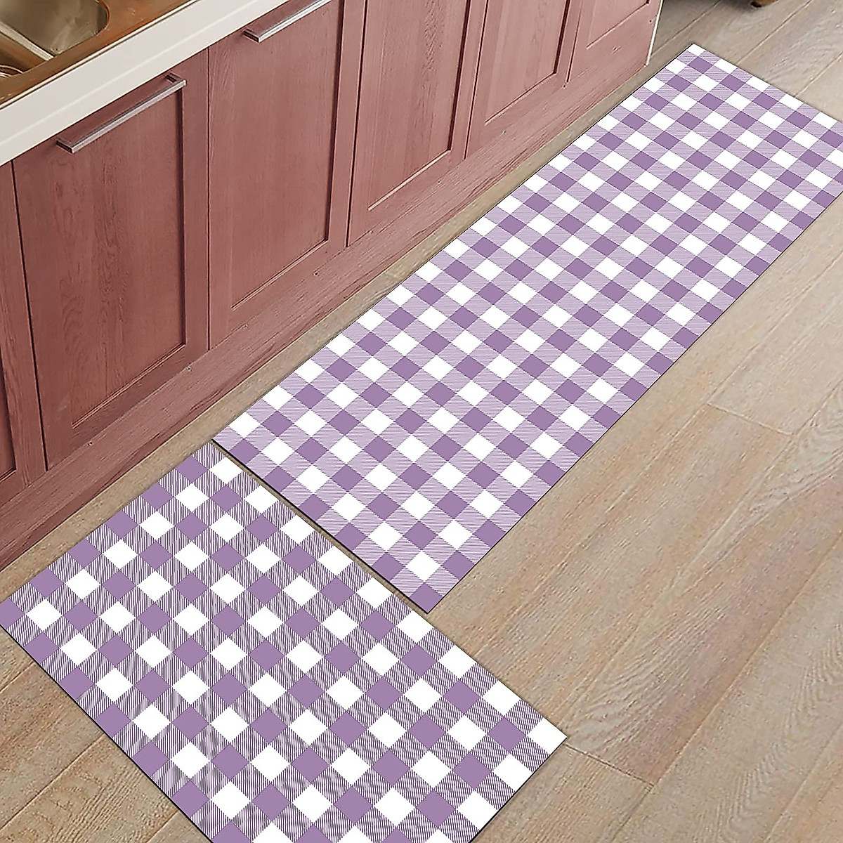 Kitchen Rugs, Purple and White Buffalo Check Plaid Gingham Farmhouse Decoration Non Slip Runner Rug Mat for Floor, Kitchen, Bedside, Sink, Office, Laundry, Set of 2