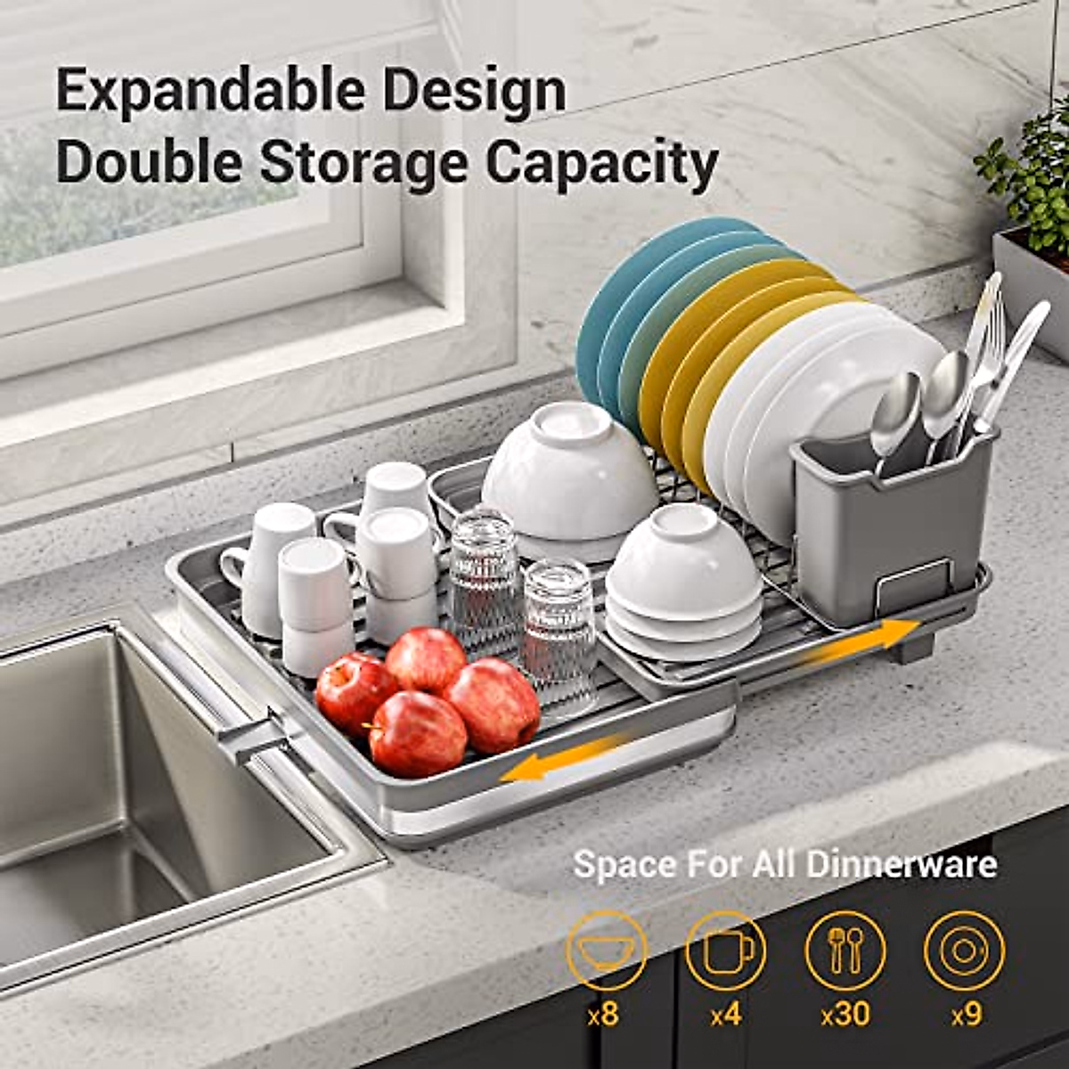 OROPY Dish Drying Rack Expandable Dish Rack, Large Dish Drainer with Utensil Holder, Stainless Steel Dish Drain for Kitchen Counter