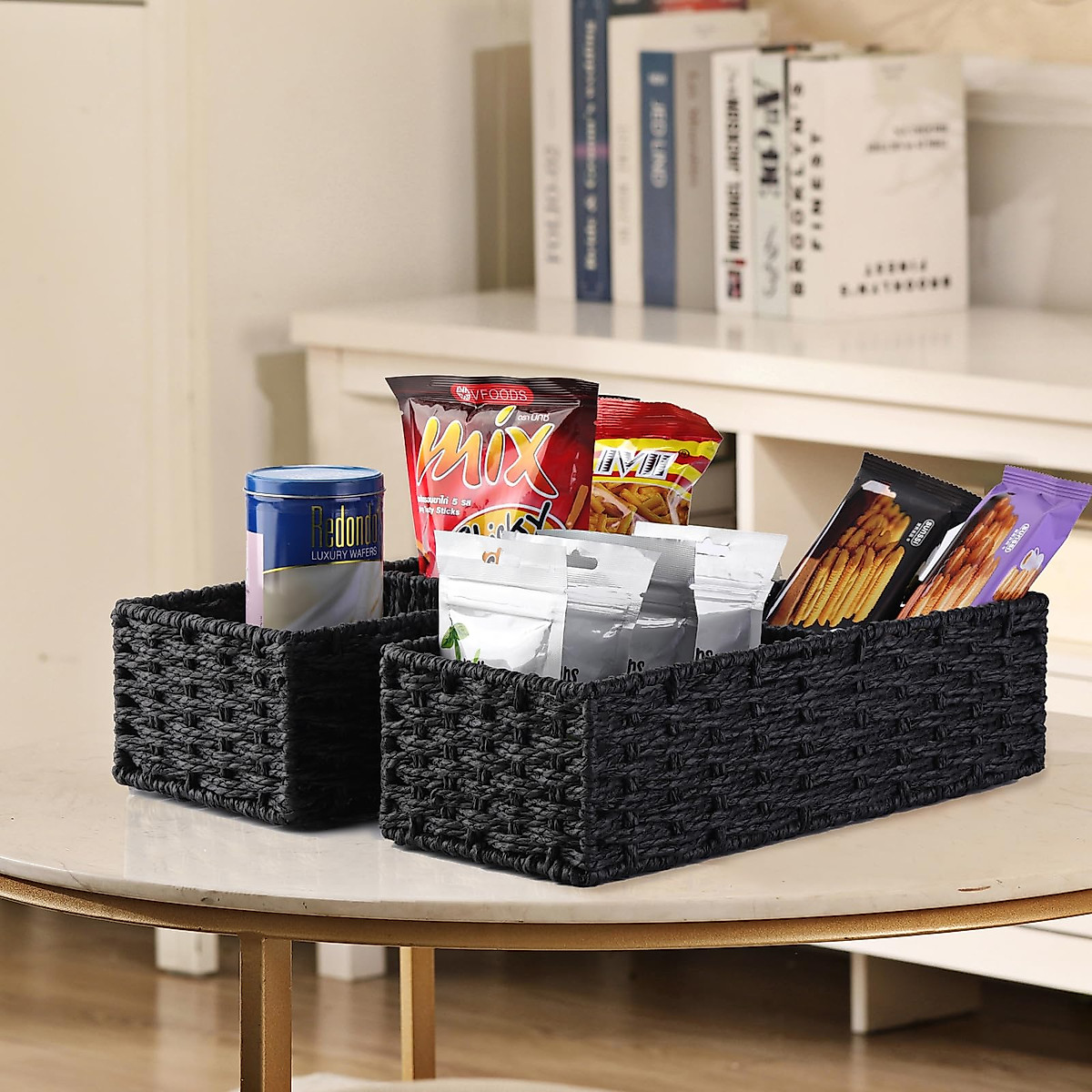 Vagusicc 2-Section Wicker Storage Basket, Hand-Woven Paper Rope Wicker Baskets, Toilet Tank Basket, Baskets for Organizing, 2-Pack, Black