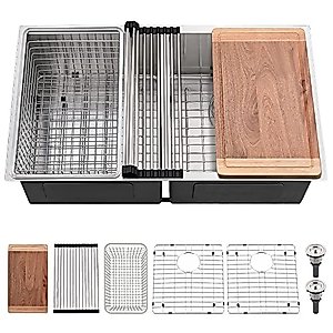 33 Undermount Kitchen Sink Double Bowl -VASOYO 33x19 Undermount Stainless Steel Kitchen Sink 16 Gauge Deep 50/50 Undermount Double Bowl Kitchen Sink with Cutting Board