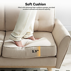 Brelice Loveseat Sofa, Mid Century Modern Decor Love Seat Couch with Solid Wood, Convertible Wooden Tray Living Room Furniture, Button Tufted Upholstered 2 Seat Couches for Bedroom, Apartment, Beige