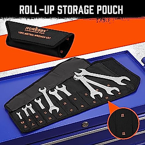 HORUSDY Thin Wrenches Set | Metric | 10-Piece | Including 5.5mm to 27mm | Bike Wrench Set | Thin Open End Wrench Set with Rolling Pouch