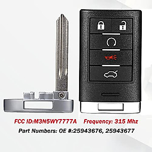 Keyless Entry Remote Control Car Key Fob Fits for Cadillac CTS 2008-2015 Cadillac STS 2008 2009 2010 2011 FCC ID: M3N5WY7777A 315MHz (Pack of 1)