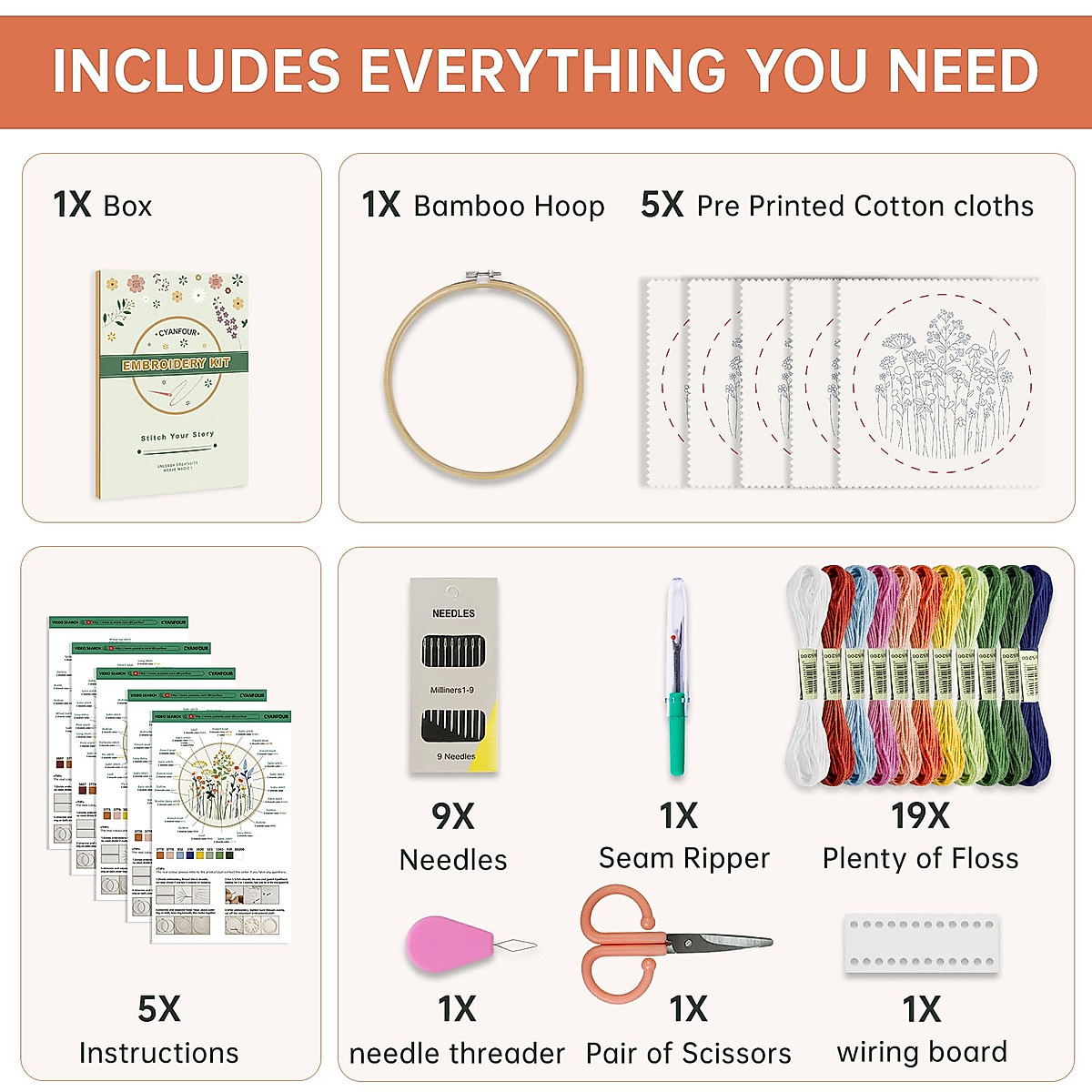 CYANFOUR 5 Pack Beginner Embroidery Kit for Adults, Easy to Learn Floral Embroidery Patterns from Video & Instruction, Needlepoint Kits for Adults Include Embroidery Hoop, Colorful Threads, Tools