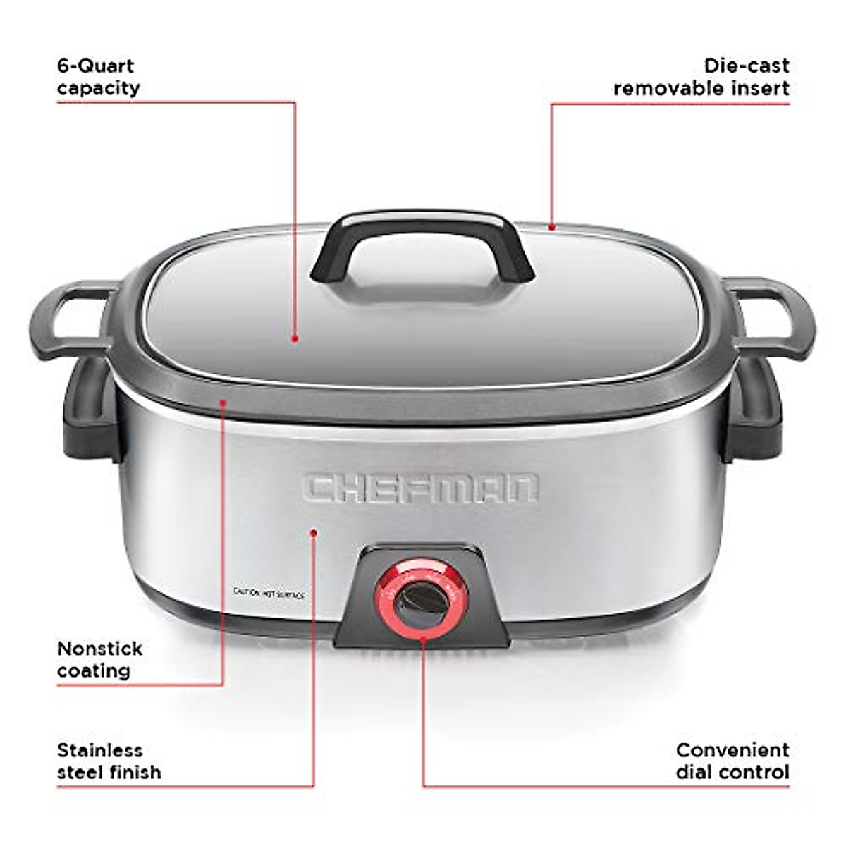 Chefman 6-Quart Slow Cooker, Electric Countertop Cooking, Stovetop & Oven-Safe Removable Insert for Browning & Sautéing, Family-Size Soups & Stews, Nonstick & Dishwasher-Safe Interior