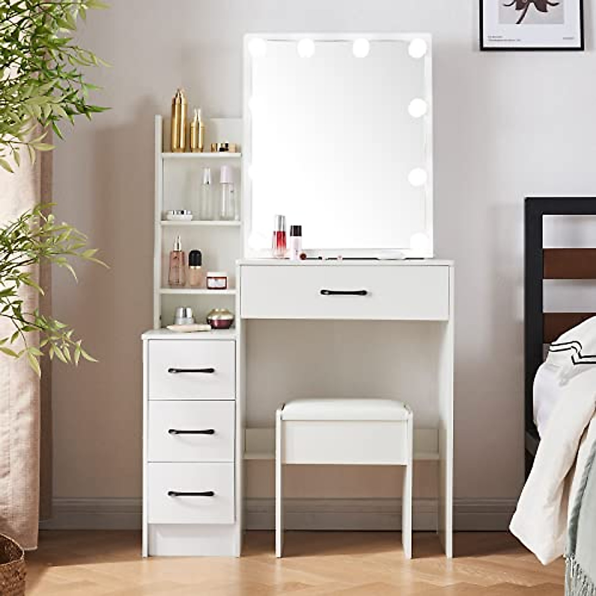 Vanity Set Dressing Table with Lighted Mirror, Modern Storage Makeup Table with 5 Drawers and Stool,White (H1903)