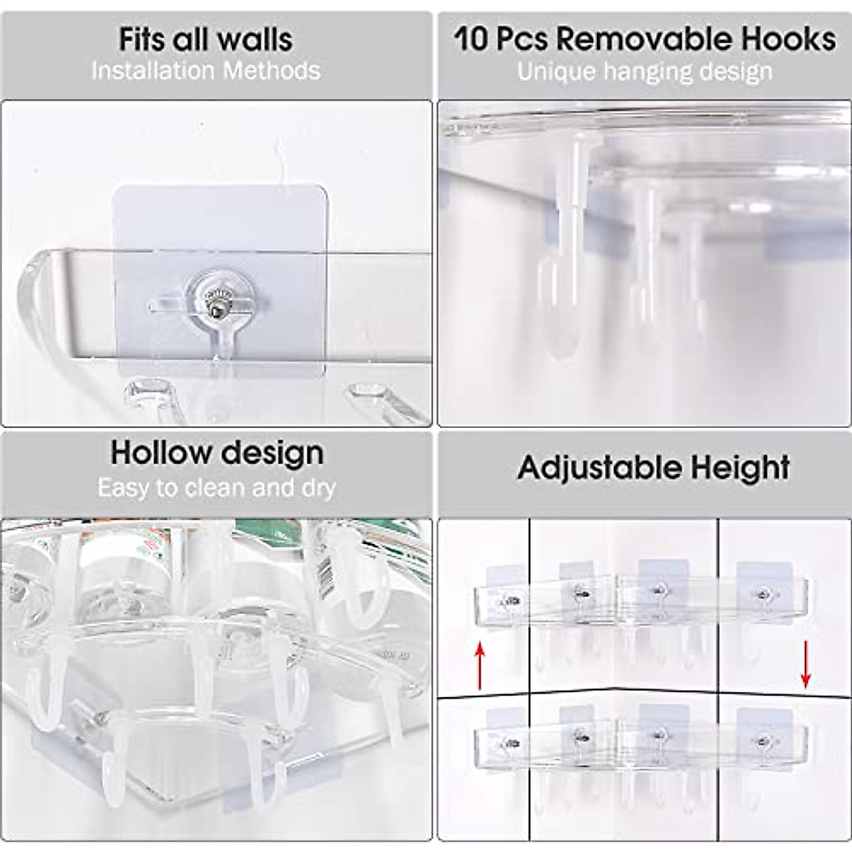 ChezMax Corner Shower Caddy, 2 Pack Adhesive Acrylic Bathroom Organizer with 10 Hooks for Shampoo Soap, Transparent Wall Mounted No Drilling Toilet Shelf, Floating Sponges Scrubbers Holder for Kitchen