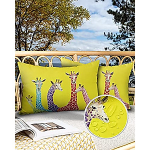 Animal Giraffe Abstract Painting Outdoor Pillow Cover 12x20 Inch Cushion Sham Case, Yellow Backdrop Waterproof Decorative Lumbar Throw Pillowcase for Outside Garden Patio Porch Couch Chair Tent