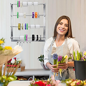 Tandefio Ribbon Wall Holder 4 Tier Ribbon Organizer Sewing Tool Thread Storage Rack Wire Spool Rack Wall Mount with 5 Hook for Ribbon Thread Fabric Wrapping Paper Scarf Belt Towel