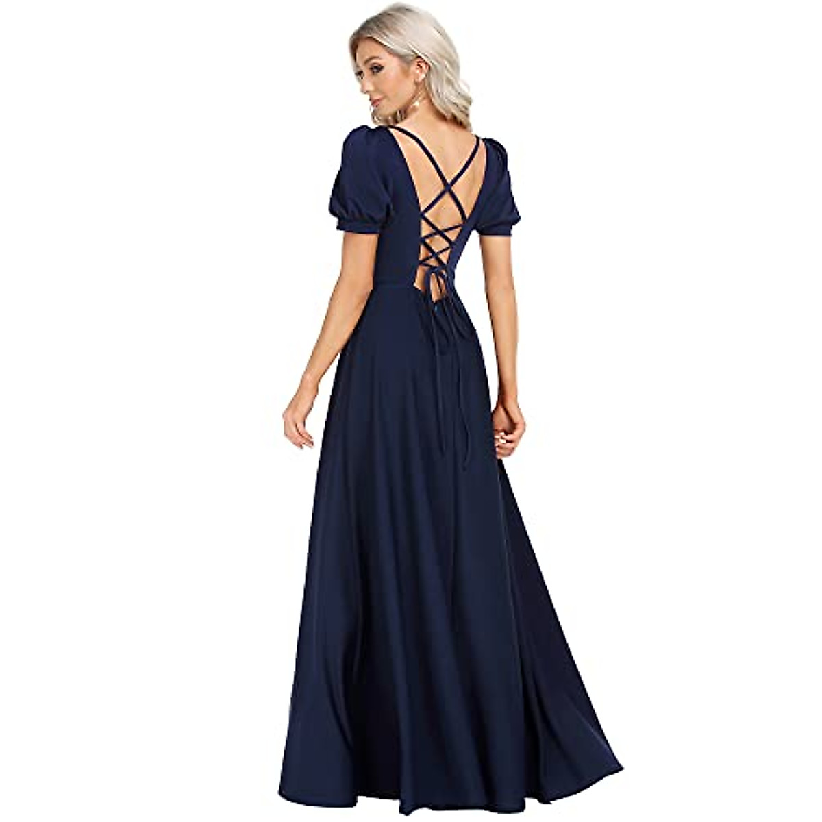 Ever-Pretty Women's Square Neck Short Sleeves Open Back A Line Maxi Holiday Dresses for Women Navy Blue US14