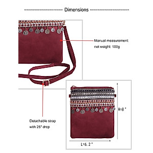 Pulama Vintage Bohemian Crossbody Small Handbag Adorable Ethnic Sling Pouch Claret