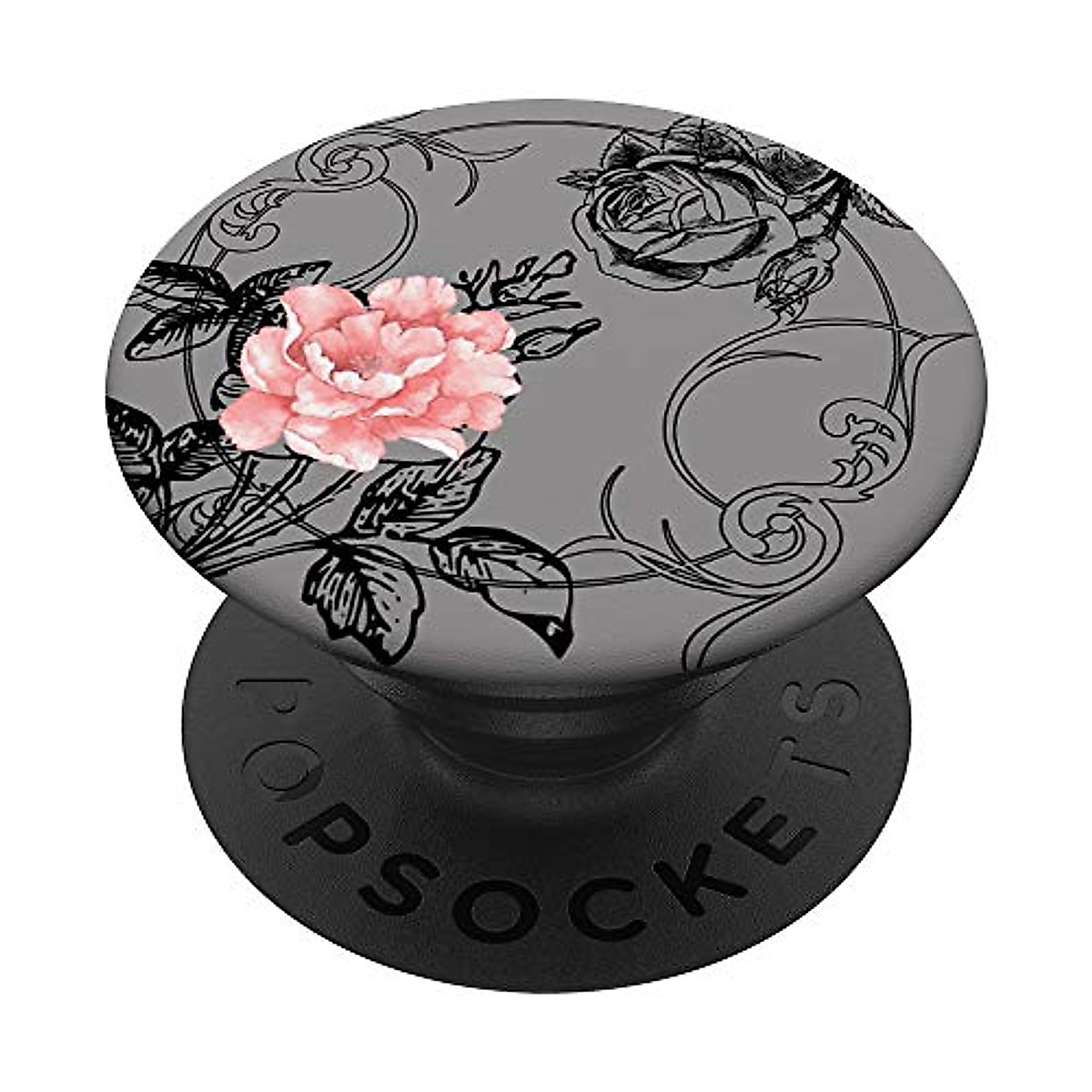 Pink Black Rose Flowers on Gray - Floral Pattern Gothic Gift PopSockets PopGrip: Swappable Grip for Phones & Tablets