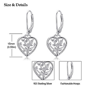 Heart Shape Leverback Earrings, 925 Sterling Silver Tree of Life Drop Dangling Earring for Women, Hypoallergenic for Sensitive Ears for Women Daughter Girlfriend with Gift Box