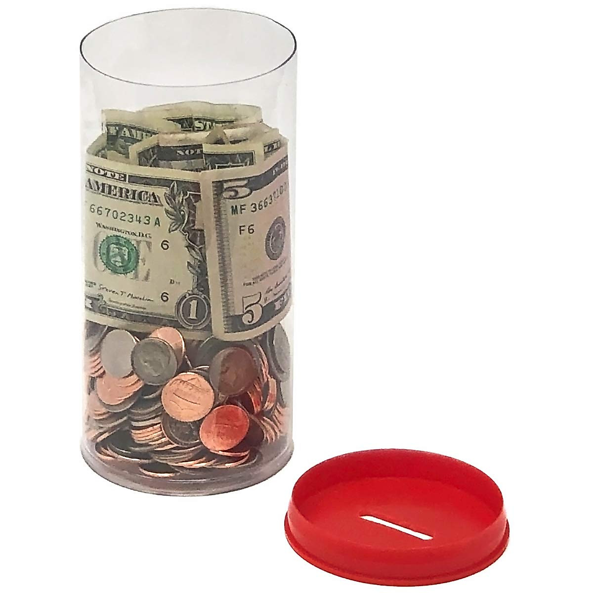 Prestige Import Group - 3" x 6.25" Transparent Clear Plastic (PETG) Charity Donation Fundraising Tip Jar with Red Coin Slot Lid - 4 Pack