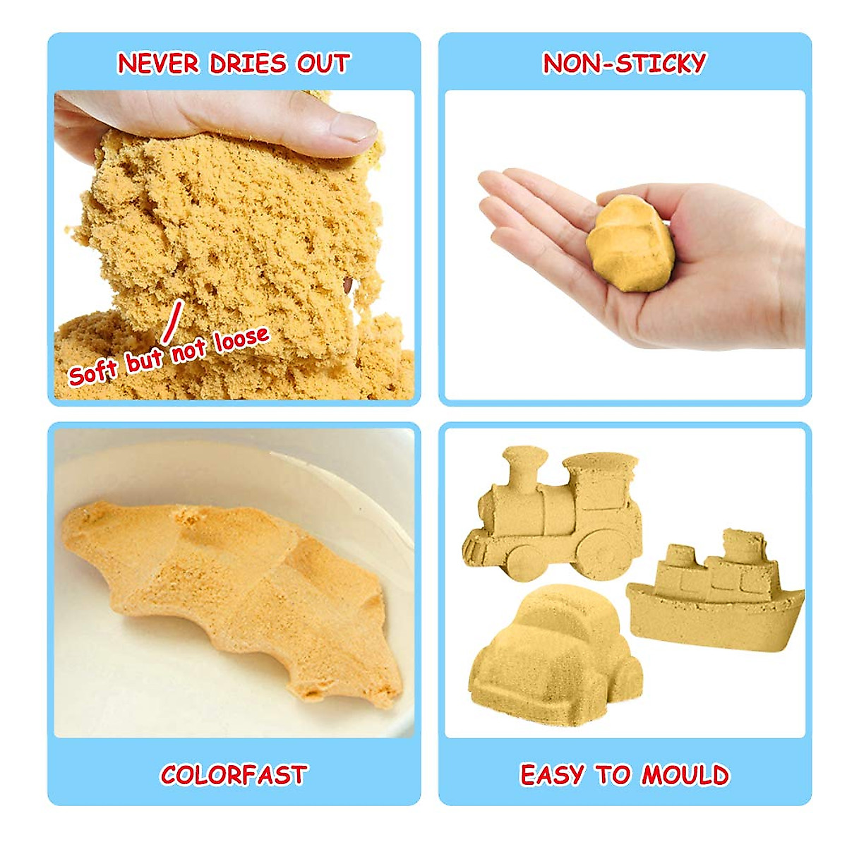 ESSENSON Play Construction Sand Kit - 3lbs Sand with 2 Colors, 6 Mini Construction Trucks, Construction Toys and Signs, Animal Mold, Modeling Tools, Foldable Sandbox, Gifts for Boys Girls