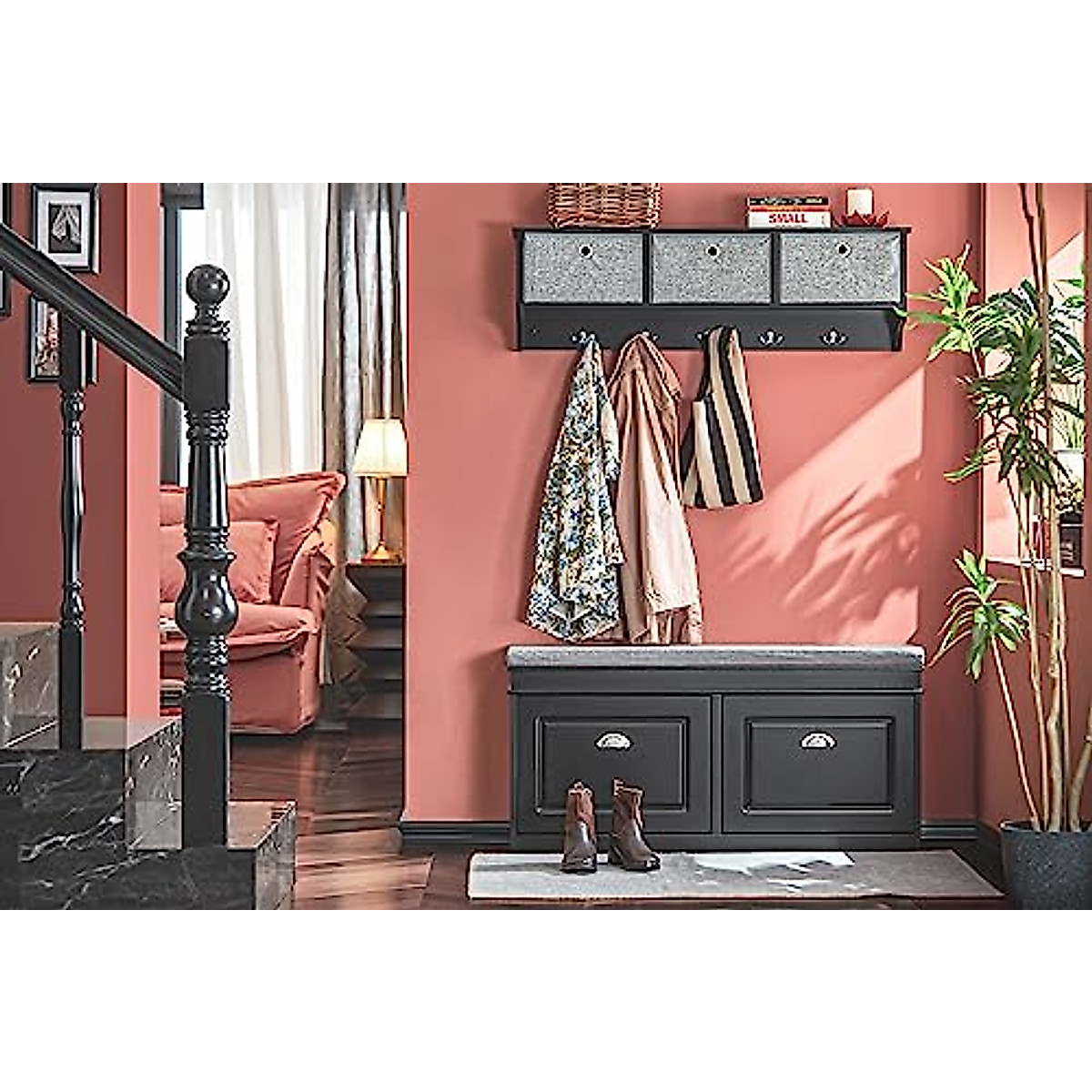 SoBuy Wall Shelf with Hooks, Coat Rack Wall Mount with Shelf Entrywall Storage Cabinet Unit with 3 Baskets 5 Hooks, Black, FRG282-SCH