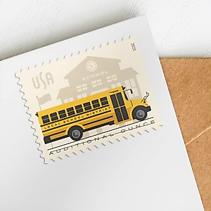 School Bus Additional Ounce Postage Stamps 1 Sheet of 20 Students Children Teachers Celebration Party Announcement (20 Stamps), Yellow