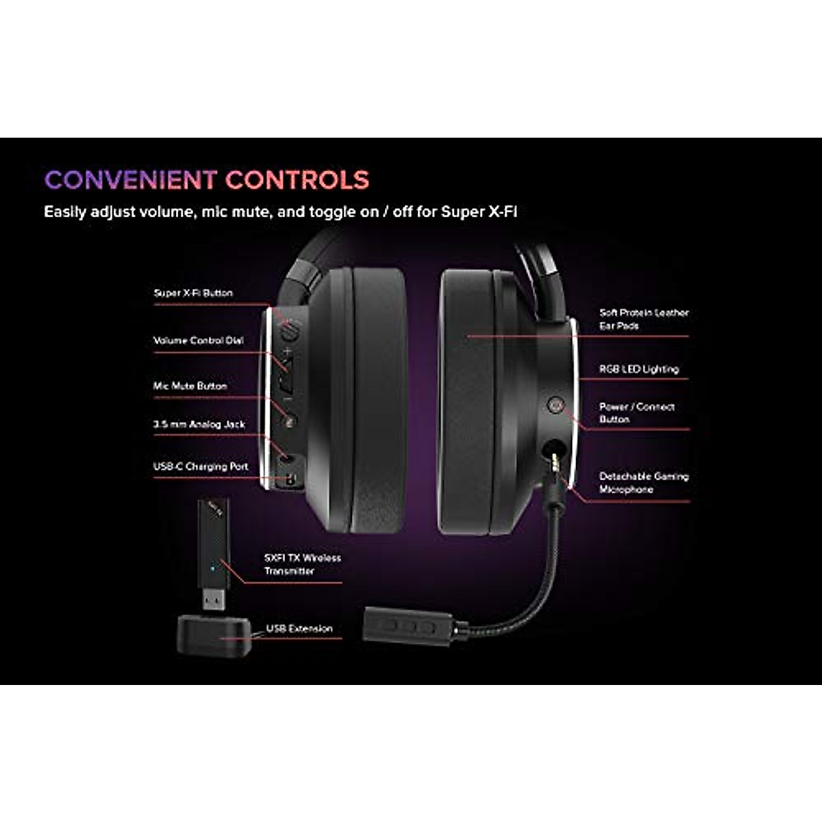 Creative SXFI Theater 2.4 GHz Low-Latency Wireless USB Headphones with Super X-Fi, 50mm Drivers, Up to 30 Hours of Battery Life, 3.5mm Analog Mode, Detachable Mic, for Movies