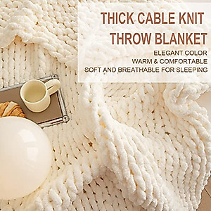 LiBcmlian Cream Chunky Knit Blanket Throw 40"x40" Luxury Chenille Yarn Knitted Blanket Tight Braided Thick Cable Knit Throw Blanket for Couch Bed Sofa