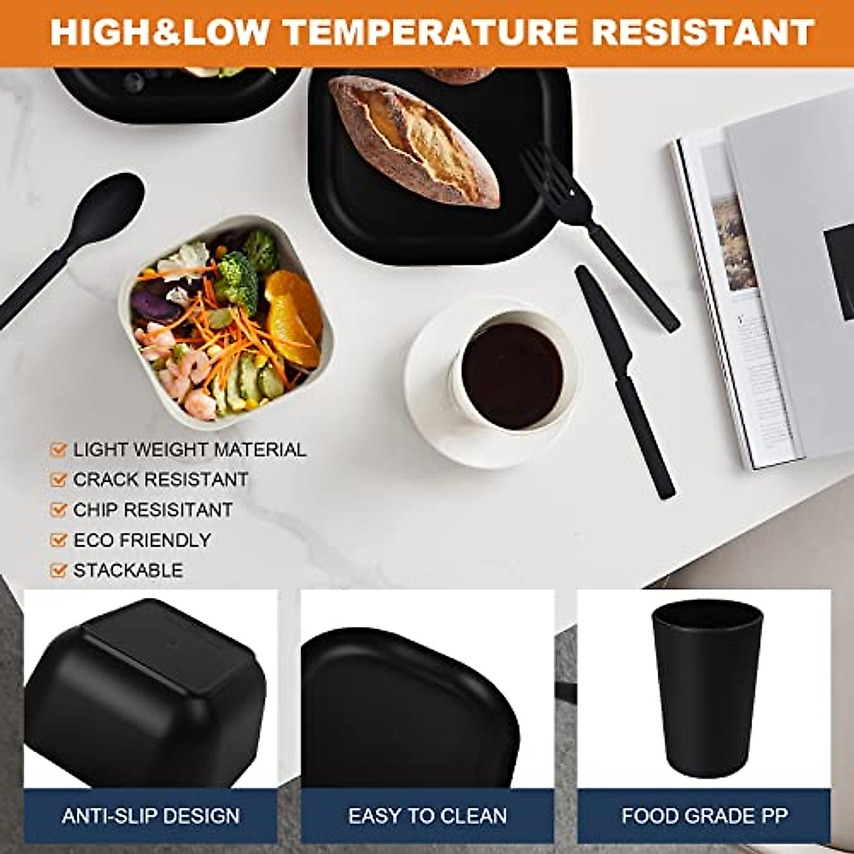 afcevnlb 24 Piece Wheat Straw Square Dinnerware Sets for 4, Unbreakable Dinner Plates and Bowls Sets for Camping Party Grill (Black)