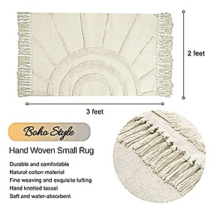 OJIA Boho Bathroom Rug 2' X 3', Tufted Sun Rug Small Rugs with Tassels Farmhouse Cotton Woven Washable Accent Throw Rug Tribal Area Rugs for Entryway Bedroom Laundry Living Room Kitchen