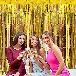 Thicken Gold Foil Fringe Curtains Decorations 3.2x8.2ft - 2 Pack, Photo Backdrop for Birthday Bachelorette Bridal Shower Baby Shower Graduation Party, Party Streams Decor