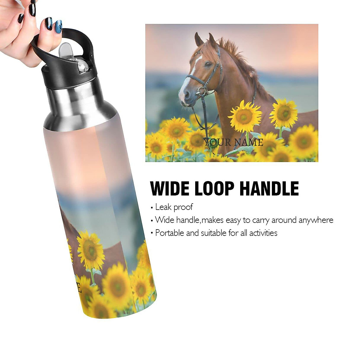 ALAZA Custom Sunflower Horse Water Bottle with Name for Kids Girls with Straw Personalized Insulated Stainless Steel Water Flask Thermos for School Sport 20 Ounce