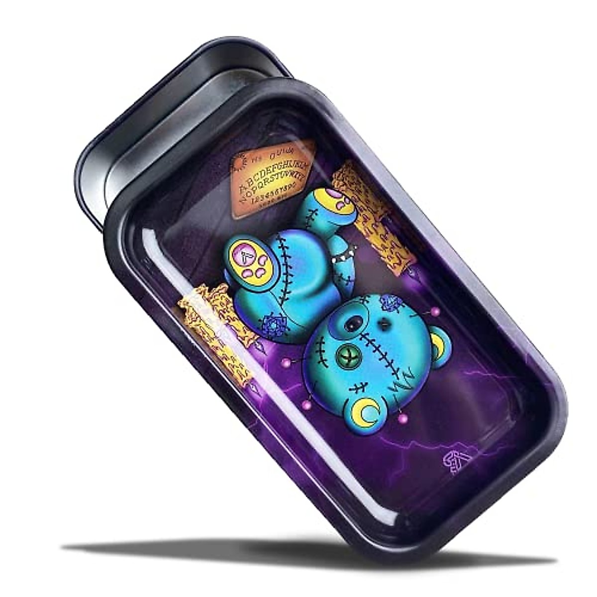 V Syndicate 5" x 2.8" x 1.5" Mini Metal Storage Box with Rolling Tray Lid - Airtight Rolling Tray Lid - Flex Your Style with 360 Print of Original Interactive Artwork on All Sides (Syndicase 2.0, Ouija Bear)