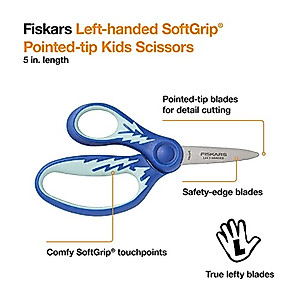 Fiskars Kids Scissors, Left Handed Scissors for Kids, Scissors for school, SoftGrip, 5 Inch, Blue Lightning