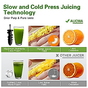 Aucma Slow Juicer Machine, Cold Press Juicer with Quiet Motor and Reverse Function, Masticating Juicer Machine with Brush Recipes, Juicer Extractor for High Nutrient Fruit Vegetable Juice (Classic Red)