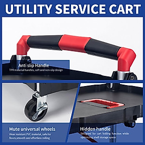 UNICOO Foldable Plastic Utility Cart, Heavy Duty, 3-Tier Rolling Service Cart with Lockable & Silent Wheels, Anti-Rust & Easy Clean for Restaurant, Office, Garage & More, 25.6x15.7x33.5 (Black + Red)