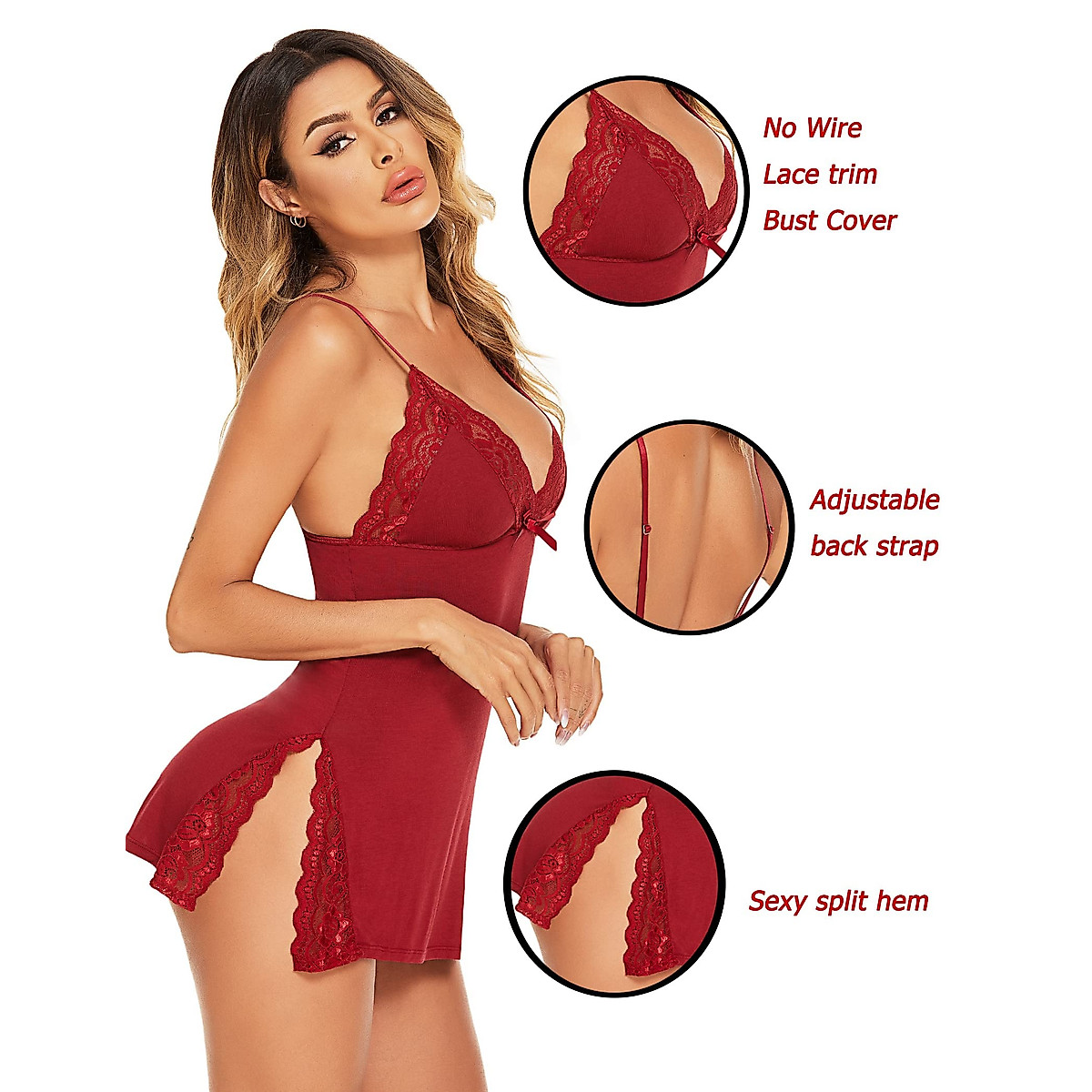 Avidlove Women's Sleepwear Sexy Nightgowns for Women Chemise Lingerie Modal Sleepwear Wine Red M