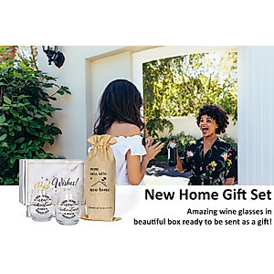 House Warming Gifts New Home, Housewarming Gift Stemless Wine Glass & Bottle Gift Bag Set for Newlywed Couple, Women, Friends, New Homeowner, Unique New Home Gifts for Home, Realtor Gift for Clients