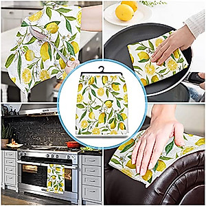Yun Nist Kitchen Dish Towels,Spring Yellow Lemon Green Leaves Soft Microfiber Dish Cloths Reusable Hand Towels,Farm Fruit Floral Leaf Watercolor Washable Tea Towel for Dishes Counters 1 Pack