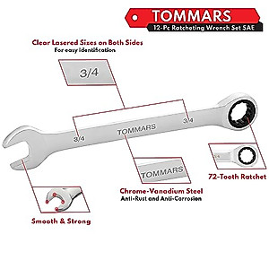 TOMMARS SAE Ratcheting Wrench Set, 1/4" - 7/8", 12-Pc Head Ratchet Combination Combo Socket Wrenches, Cr-V Steel