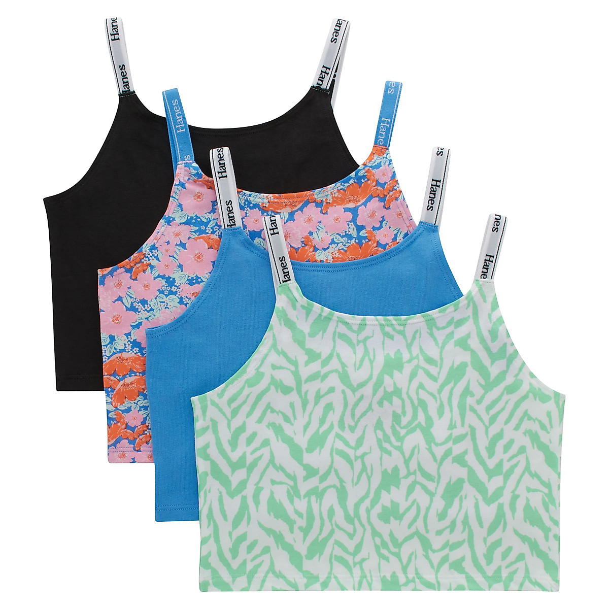 Hanes Girls' Big Crop Top Cami, Moisture-Wicking Cotton Stretch Tank, 4-Pack, Blue/Black/Pattern Assorted
