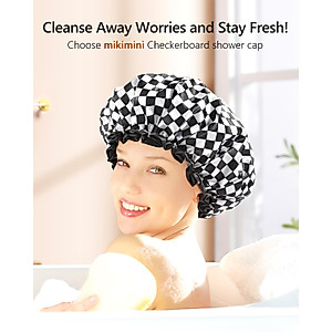 mikimini Large Shower Cap for Women Long Hair, Elegant Chessboard Design,Double-layer Waterproof, Reusable, Washable, No Odor, X-Large