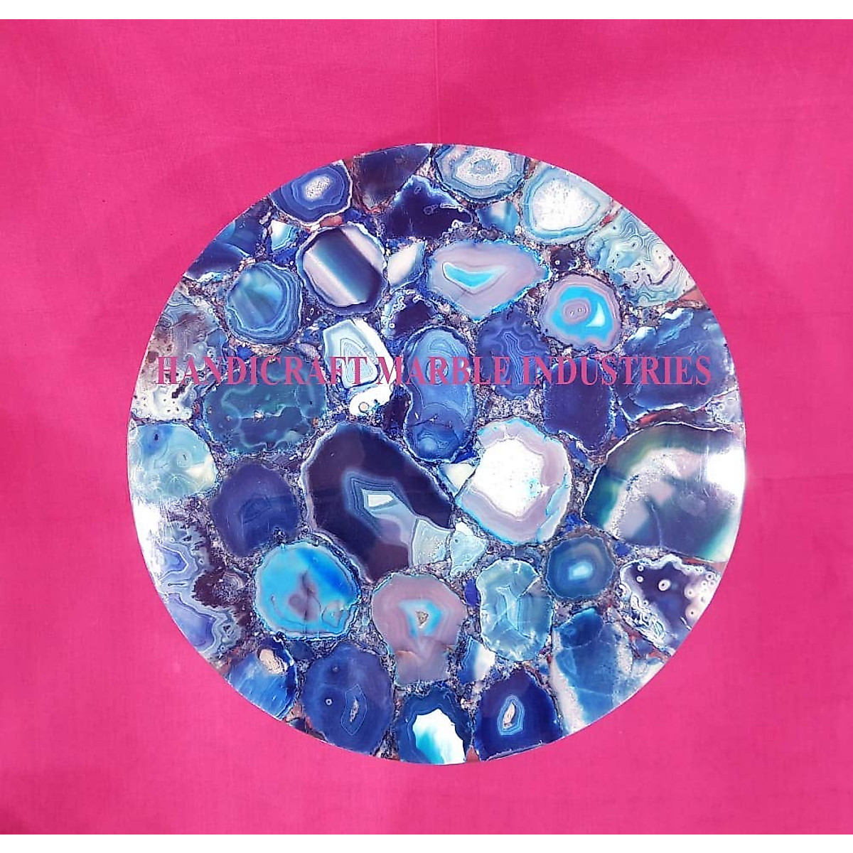 15" Inch Round Natural Blue Agate Coffee Table with with Metal Base, Agate Table Top Home Decor, Agate Round Coffee Table