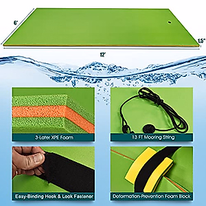 GYMAX Floating Water Mat, 12' x 6' Foam Water Floating Pad with Safe Bungee Tether and Storage Straps, 3-Layer XPE Foam Floating Island for Pool Lake River Outdoor Water Activities (Green)