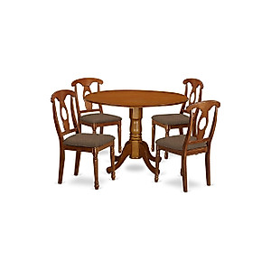 East West Furniture DLNA5-SBR-C 5 Piece Kitchen Table & Chairs Set Includes a Round Dining Room Table with Dropleaf and 4 Linen Fabric Upholstered Chairs, 42x42 Inch, Saddle Brown