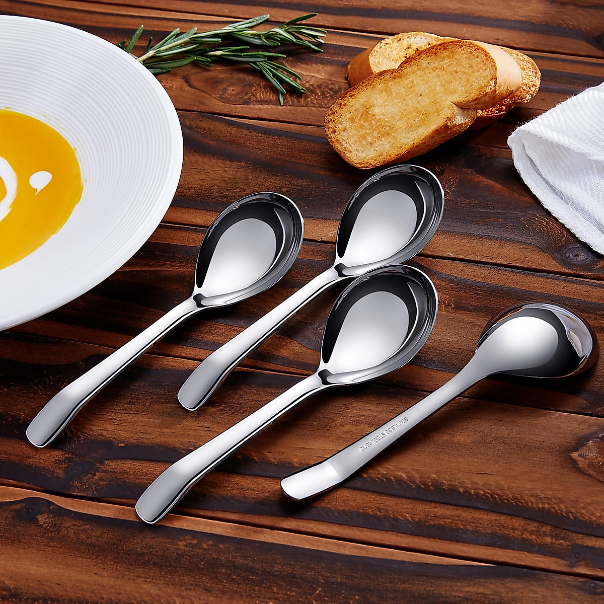 KEAWELL Premium 7.3 Inches Soup Spoons with Hook Handle, Set of 4, 18/10 Stainless Steel, Deep Bowl, Perfect for Ramen, Pho, Miso, Dumplings, Noodles, Wonton, Dishwasher Safe (Curved-Handle)