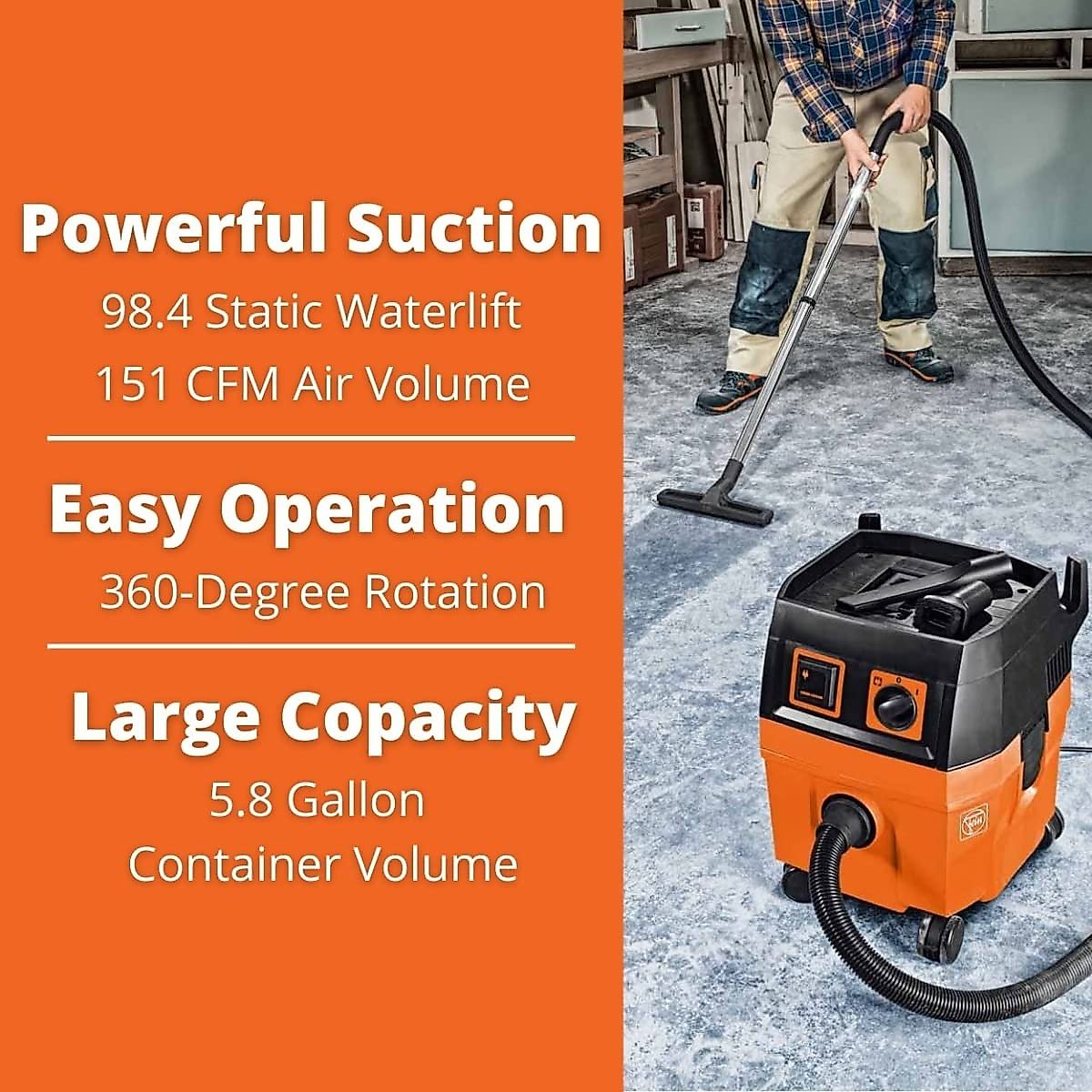Fein Turbo I Wet/Dry Dust Extractor - 5.8-Gallon Capacity, 151 CFM Suction, Anti-Static System, Quiet 66 dB Operation - Includes Hose and Filter - 92035236090